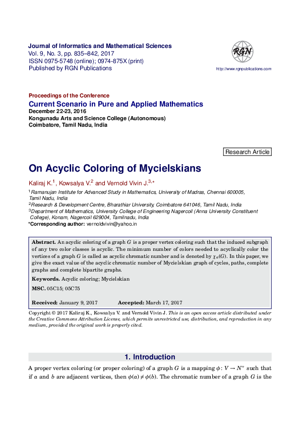 (PDF) On Acyclic Coloring of Mycielskians