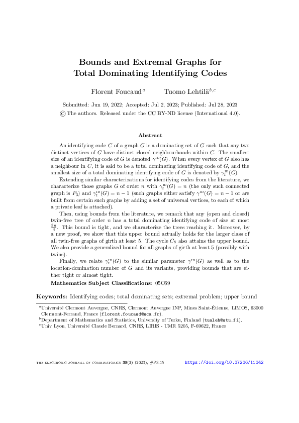 (PDF) Bounds and Extremal Graphs for Total Dominating Identifying Codes