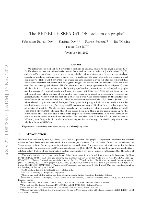 (PDF) The RED-BLUE SEPARATION problem on graphs