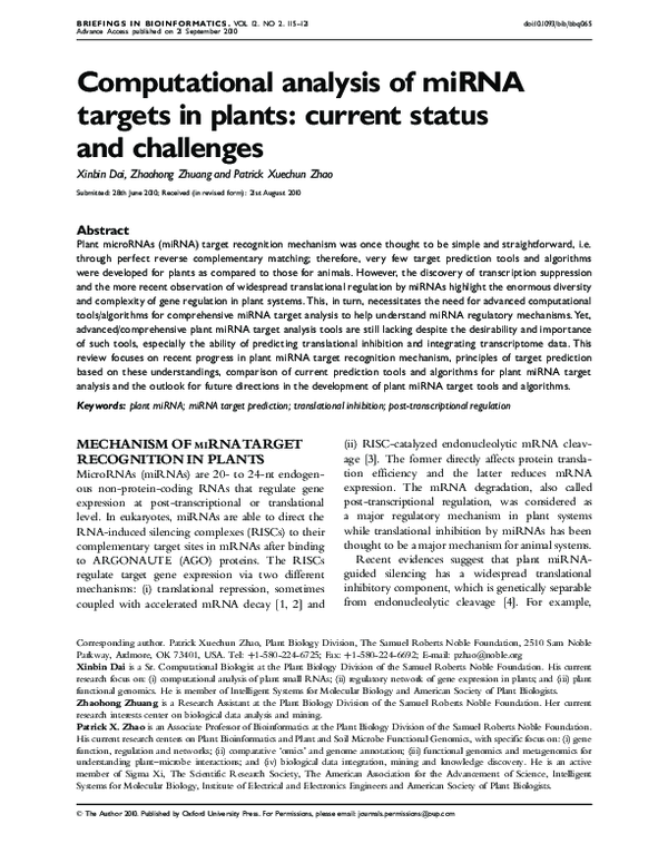 (PDF) Computational analysis of miRNA targets in plants: current status ...