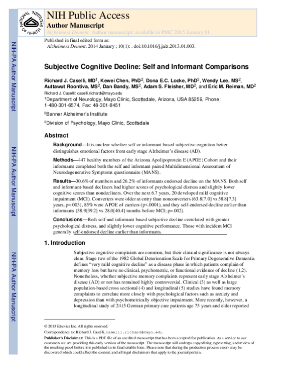 Pdf Subjective Cognitive Decline Self And Informant Comparisons