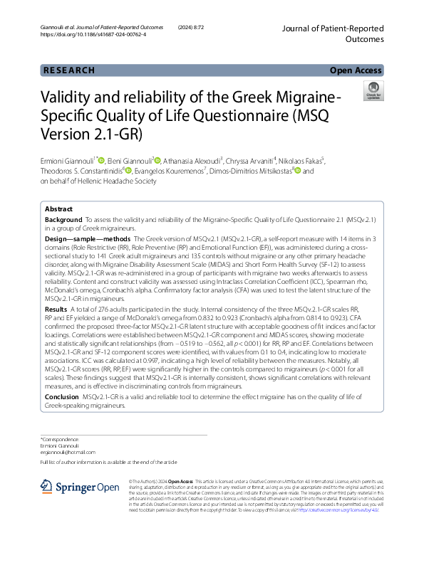 (PDF) Validity and reliability of the Greek Migraine-Specific Quality ...