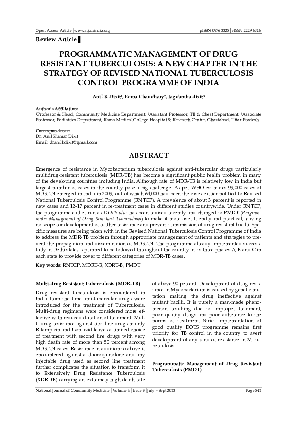 (PDF) PROGRAMMATIC MANAGEMENT OF DRUG RESISTANT TUBERCULOSIS: A NEW ...