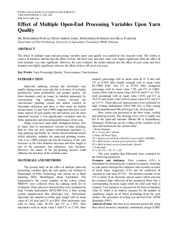 (PDF) Effect of Multiple Open-End Processing Variables Upon Yarn Quality
