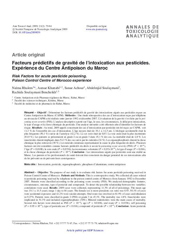 (PDF) Article original Facteurs prédictifs de gravité de l'intoxication ...