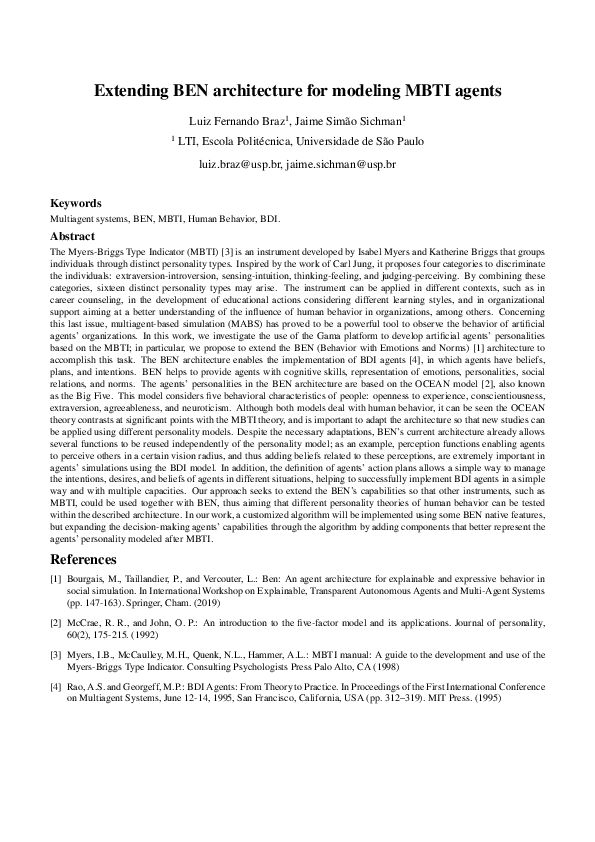 (PDF) Extending BEN architecture for modeling MBTI agents