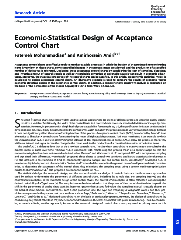 Pdf Economic Statistical Design Of Acceptance Control Chart