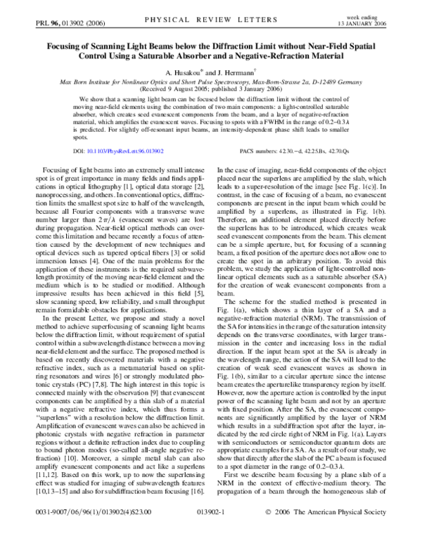 (PDF) Focusing of Scanning Light Beams below the Diffraction Limit without Near-Field Spatial ...
