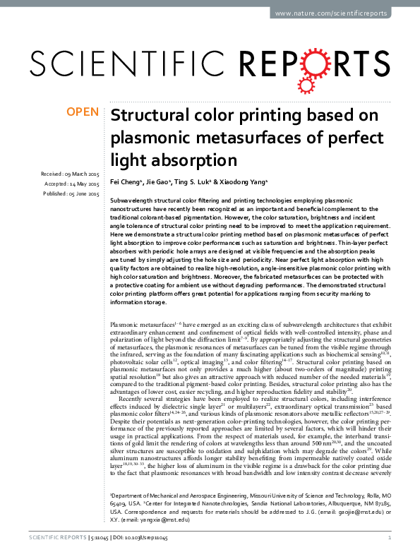 (PDF) Structural color printing based on plasmonic metasurfaces of ...