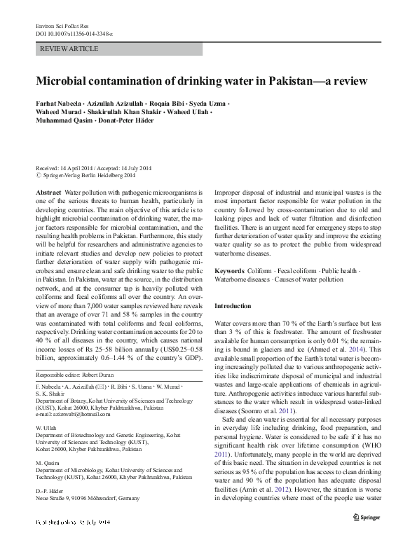 (PDF) Microbial contamination of drinking water in Pakistan—a review | waheed murad - Academia.edu