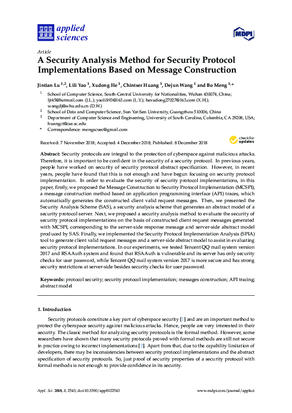 (PDF) A Security Analysis Method for Security Protocol Implementations Based on Message Construction