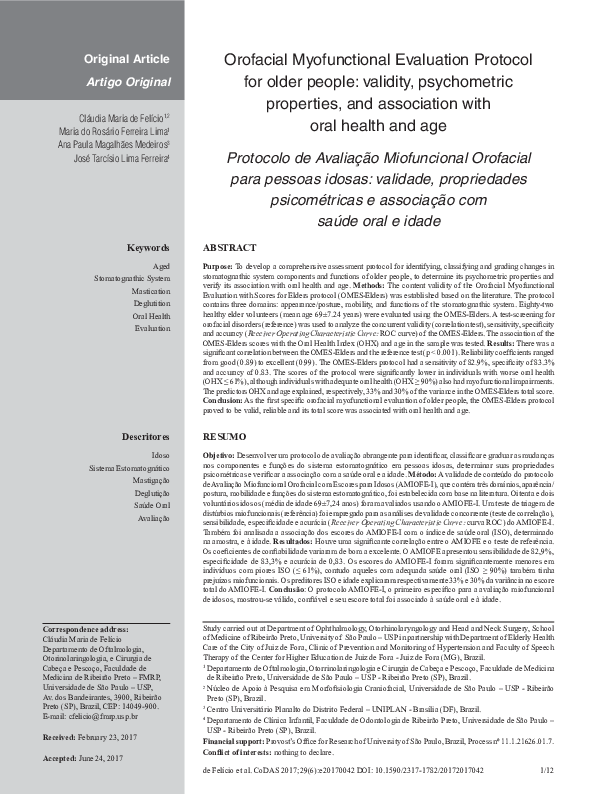(PDF) Orofacial Myofunctional Evaluation Protocol for older people: validity, psychometric ...