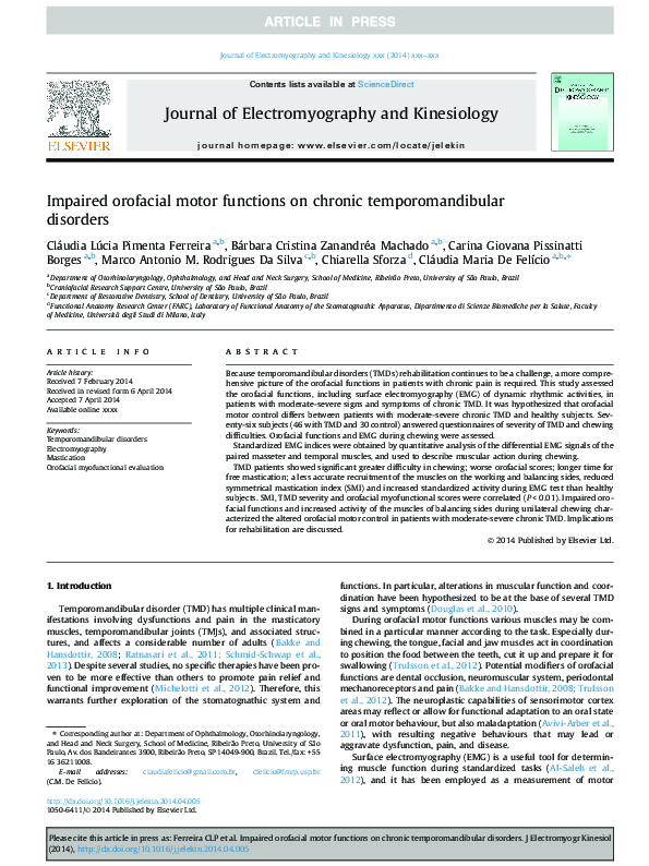 (PDF) Impaired orofacial motor functions on chronic temporomandibular ...