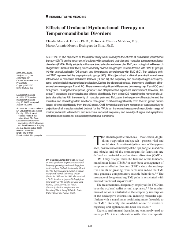 (PDF) Effects of Orofacial Myofunctional Therapy on Temporomandibular Disorders