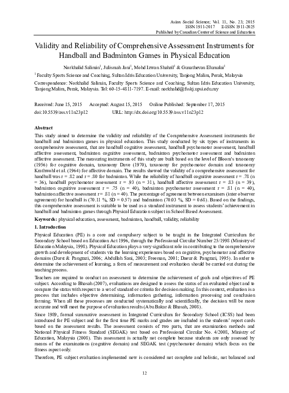 (PDF) Validity and Reliability of Comprehensive Assessment Instruments for Handball and ...
