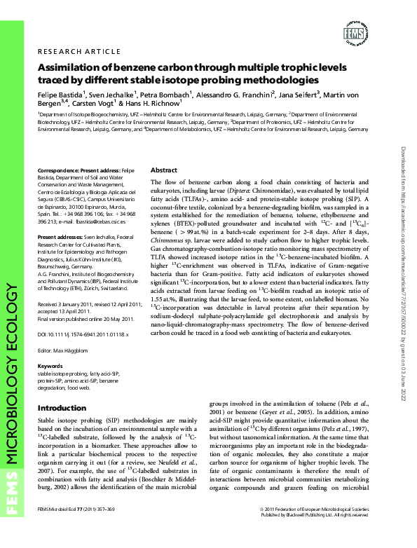 (PDF) Assimilation of benzene carbon through multiple trophic levels ...