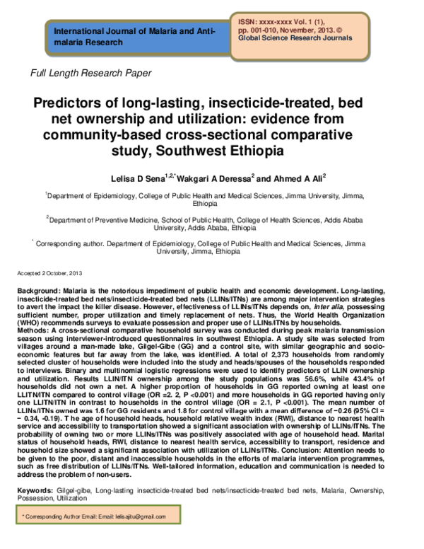 (PDF) Predictors of long-lasting insecticide-treated bed net ownership and utilization: evidence ...