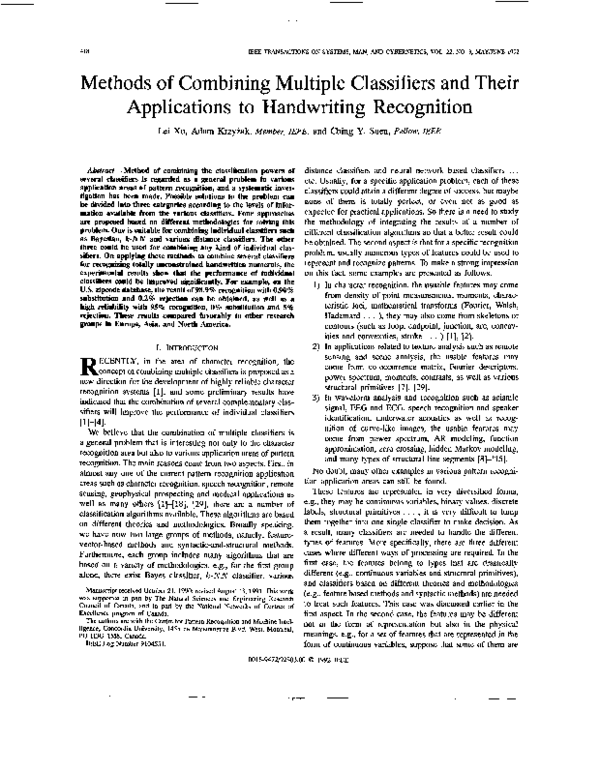 (PDF) Methods of combining multiple classifiers and their applications to handwriting recognition