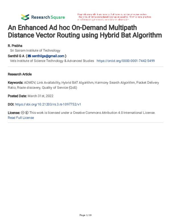 Pdf An Enhanced Ad Hoc On Demand Multipath Distance Vector Routing Using Hybrid Bat Algorithm