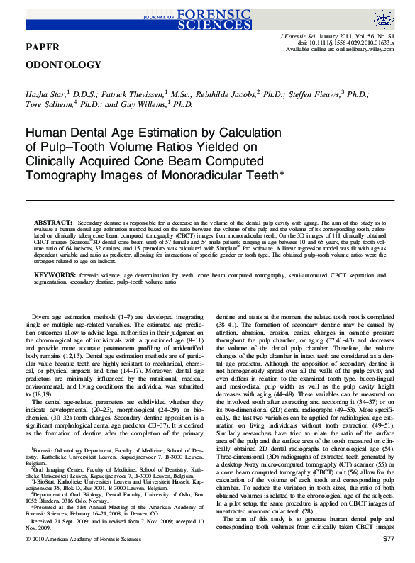 (PDF) Human Dental Age Estimation by Calculation of Pulp–Tooth Volume Ratios Yielded on ...