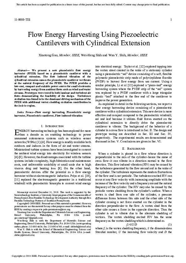 (PDF) Flow Energy Harvesting Using Piezoelectric Cantilevers With Cylindrical Extension