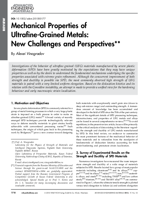 (PDF) Mechanical Properties of Ultrafine Grained Metals under Cyclic and Monotonic Loads: An ...