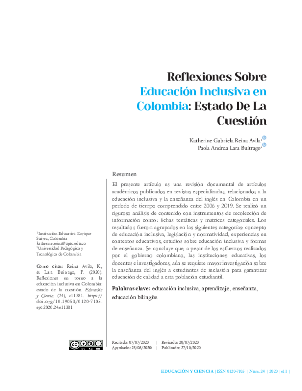 (PDF) Reflexiones sobre la educación inclusiva en Colombia: estado de la cuestión
