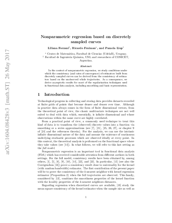 (PDF) Nonparametric regression based on discretely sampled curves