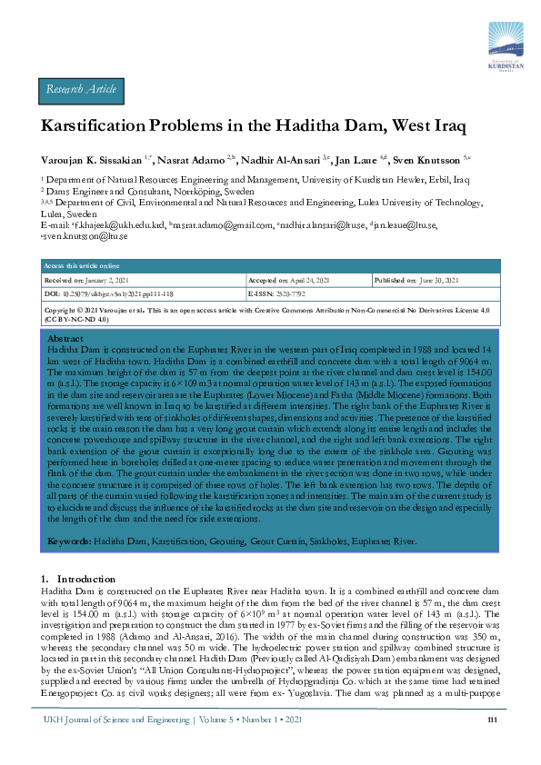 (PDF) Karstification Problems in the Haditha Dam, West Iraq | Nadhir Al ...