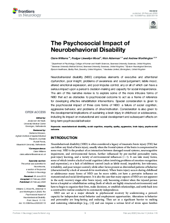 (PDF) The Psychosocial Impact of Neurobehavioral Disability