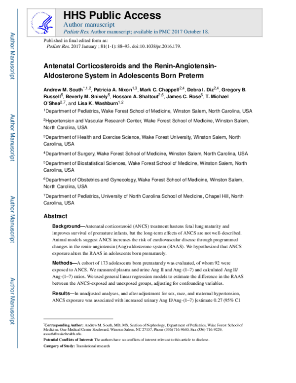 (PDF) Antenatal corticosteroids and the renin-angiotensin-aldosterone system in adolescents born ...
