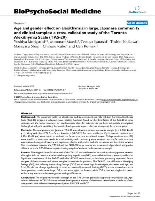(PDF) Age and gender effect on alexithymia in large, Japanese community ...