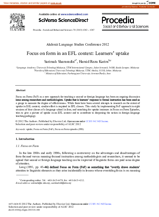 (PDF) Focus on Form in an EFL Context: Learners’ Uptake | Hamid Reza ...