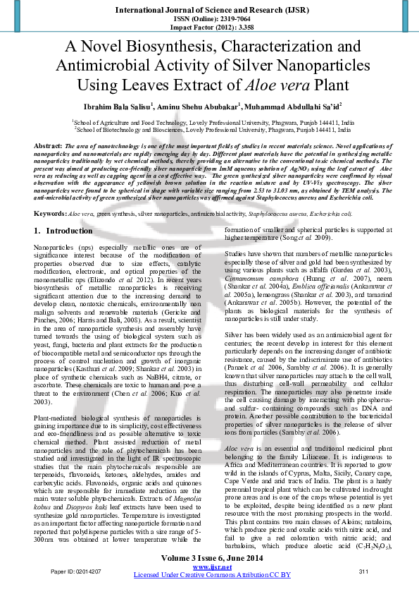 (PDF) A Novel Biosynthesis, Characterization and Antimicrobial Activity of Silver Nanoparticles ...
