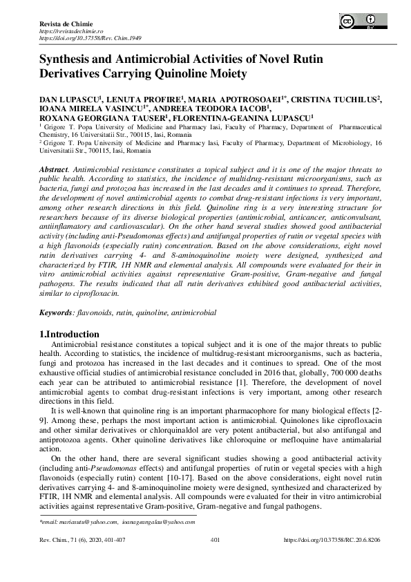 (PDF) Synthesis and Antimicrobial Activities of Novel Rutin Derivatives Carrying Quinoline Moiety