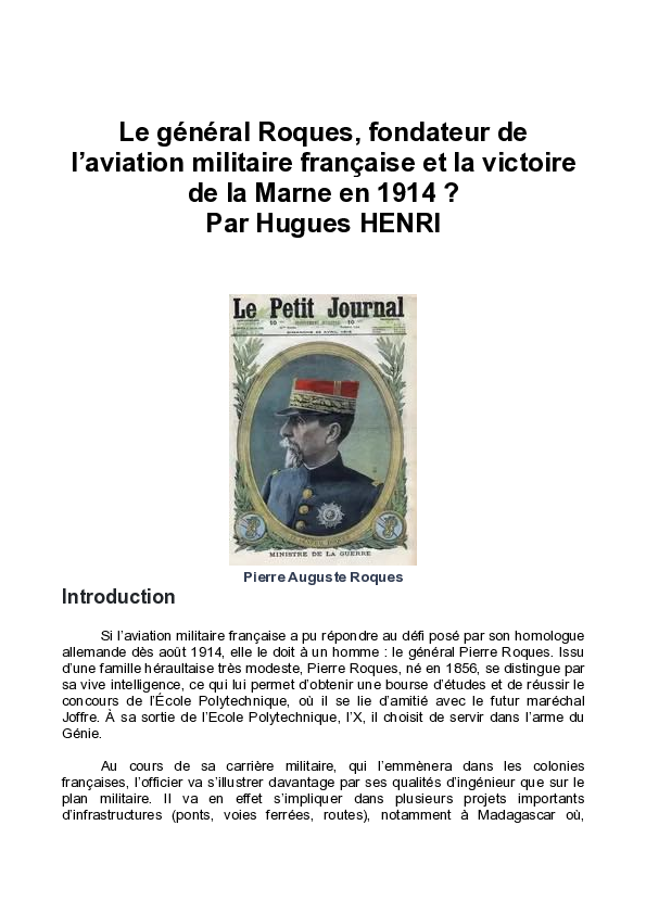 (PDF) Le général Roques, fondateur de l'aviation militaire française et ...