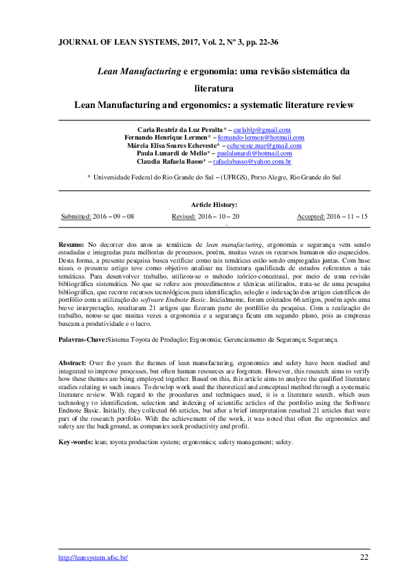 (PDF) Lean Manufacturing and ergonomics: a systematic literature review