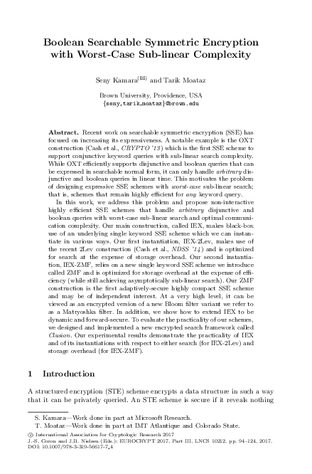 Pdf Boolean Searchable Symmetric Encryption With Worst Case Sub Linear Complexity Henrique