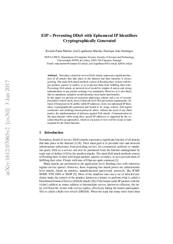 (PDF) EIP - Preventing DDoS with Ephemeral IP Identifiers Cryptographically Generated
