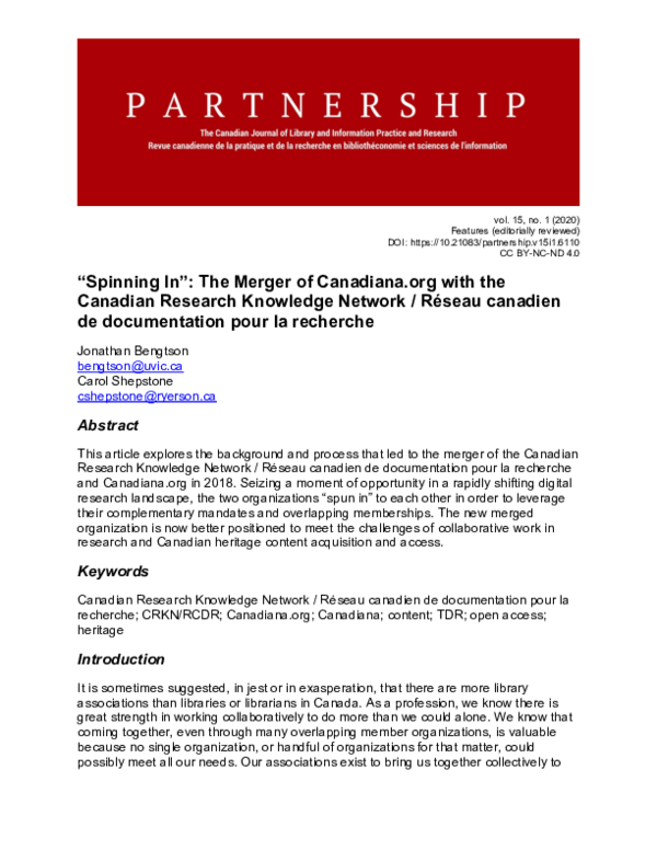 (PDF) “Spinning In”: the merger of Canadiana.org with the Canadian Research Knowledge Network ...