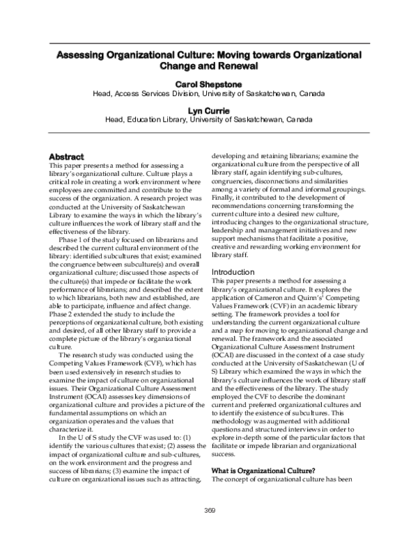 (PDF) Assessing organizational culture: moving towards organizational change and renewal [article]
