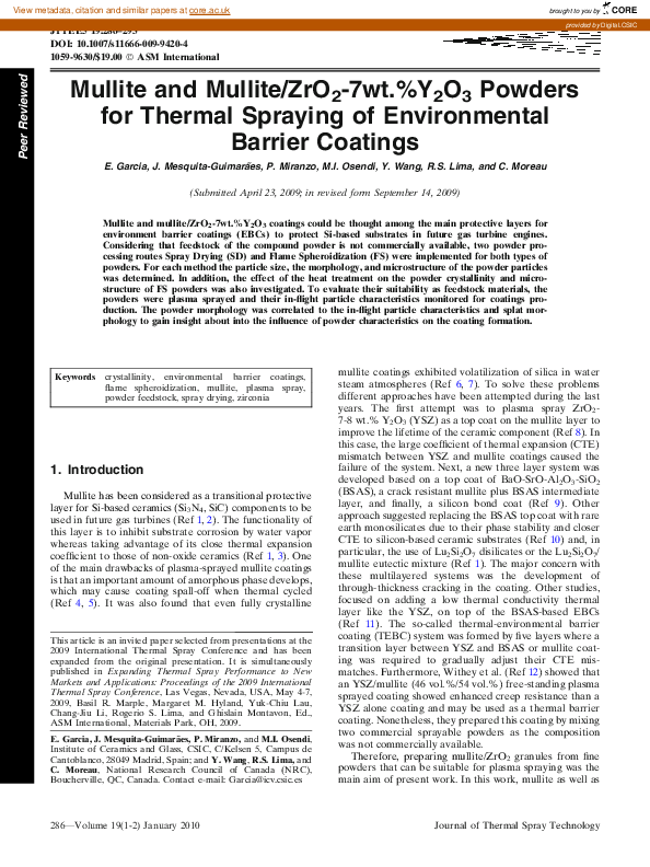 (PDF) Mullite and Mullite/ZrO2-7wt.%Y2O3 Powders for Thermal Spraying ...