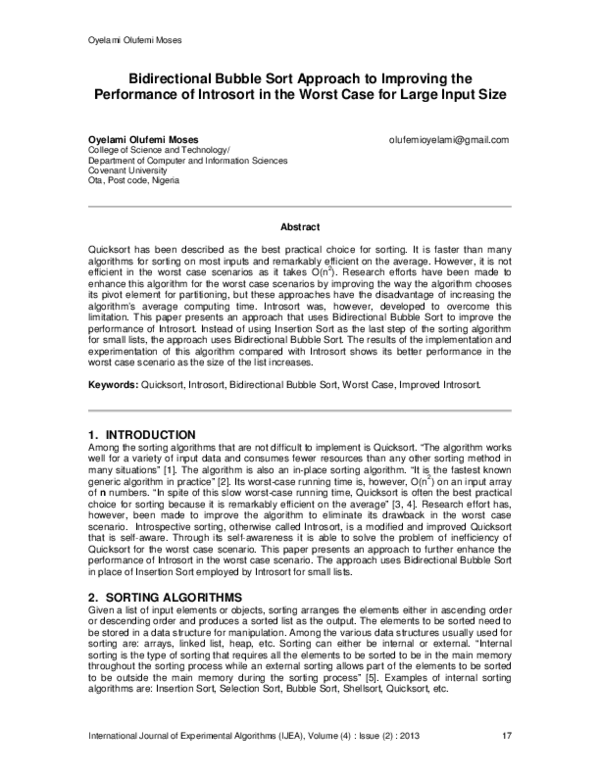 (PDF) Bidirectional Bubble Sort Approach to Improving the Performance of Introsort in the Worst ...