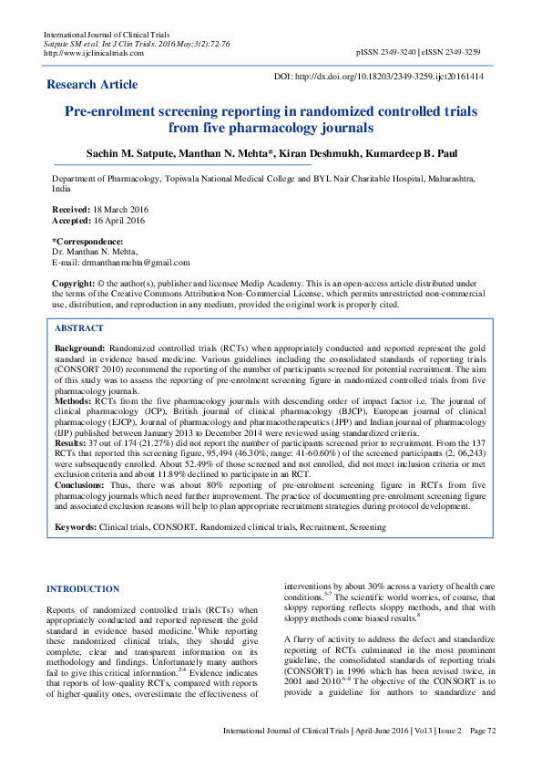 (PDF) Pre-enrolment screening reporting in randomized controlled trials ...
