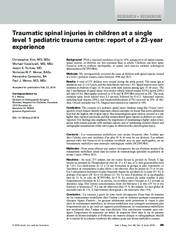 (PDF) Traumatic spinal injuries in children at a single level 1 ...