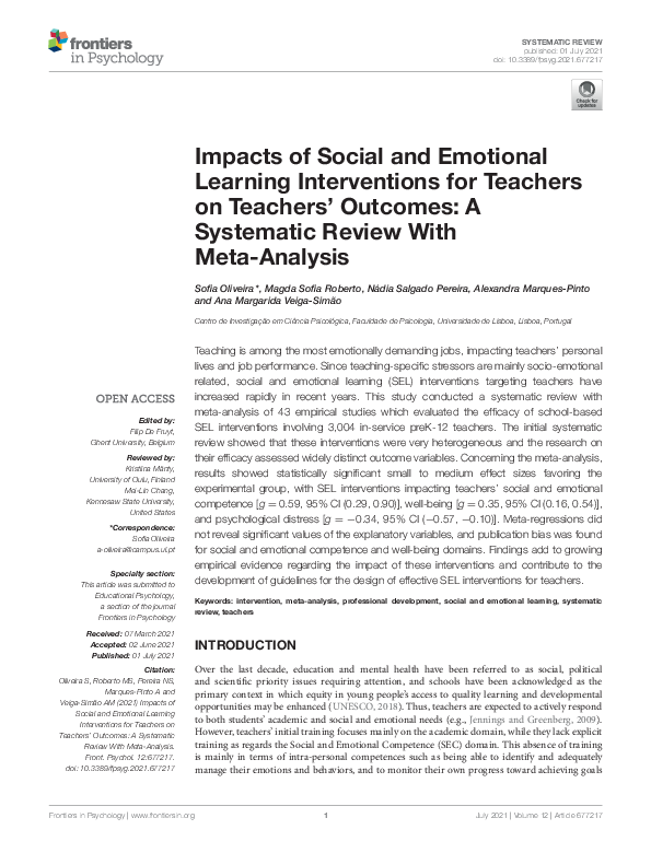 (PDF) Effectiveness of SEL Interventions for Teachers