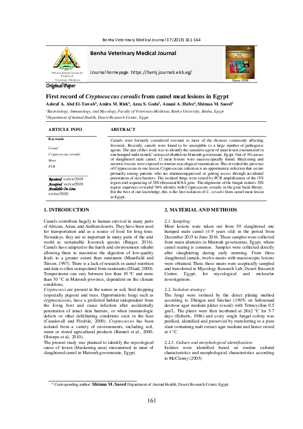 (PDF) First record of C.cerealis from Camel meat lesions in Egypt ...