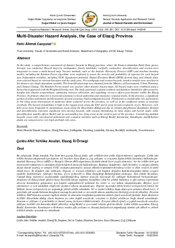 (PDF) Multi-Disaster Hazard Analysis, the Case of Elazığ Province