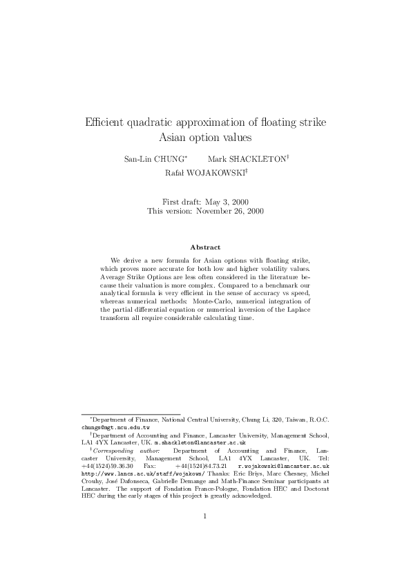 (PDF) Efficient quadratic approximation of floating strike Asian option values