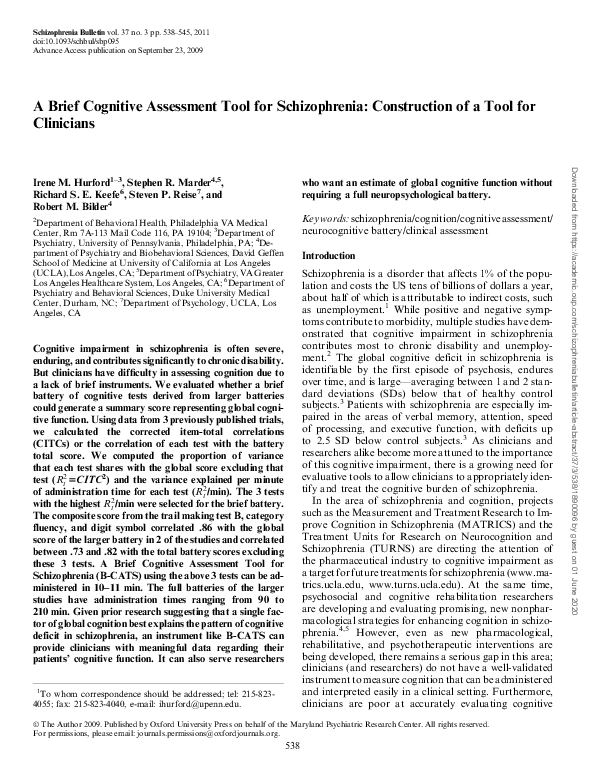 (PDF) A Brief Cognitive Assessment Tool for Schizophrenia: Construction ...
